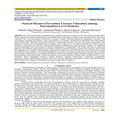 Natural Disaster Prevention Literacy Education among Intermediate-Level ...