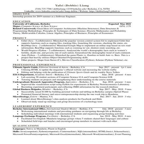 Yafei liang resume | PDF | Programming Languages | Computing