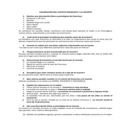 Valoracion del cuento francisca y la muerte de onecio jorge cardoso | DOCX