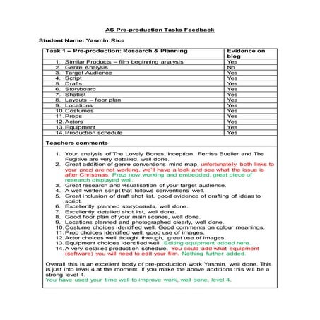 AS pre production tasks feedback sheet | DOCX