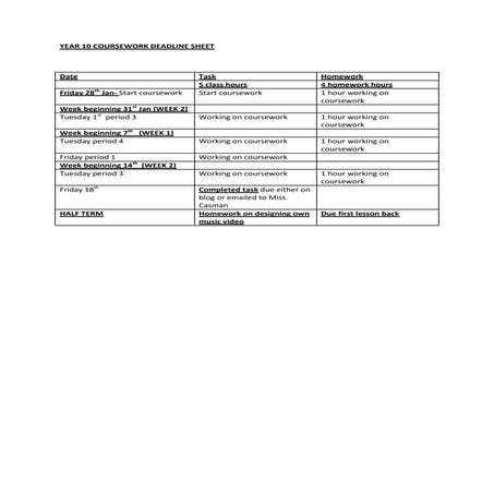 Year 10 coursework deadline sheet | DOCX