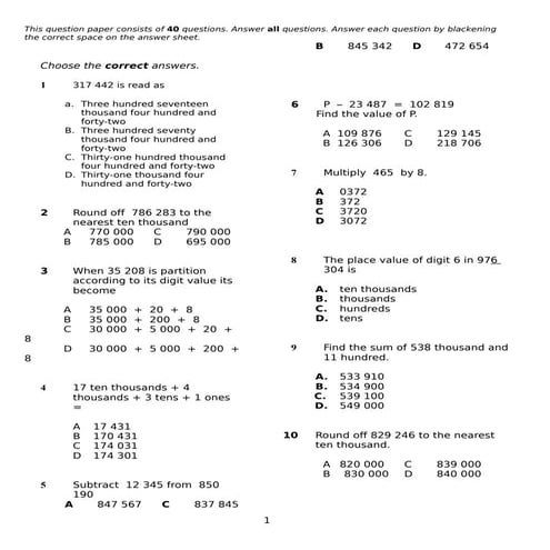 1a 5th Grade Placement Test | PDF