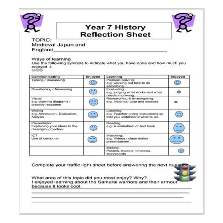 Year 7 history reflection sheet | DOC