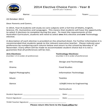 Year 8 elective choice form 2014 | DOC