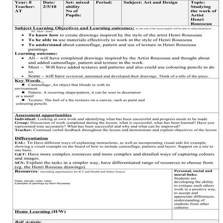Year 8 Lesson Plan Henri Rousseau | DOC