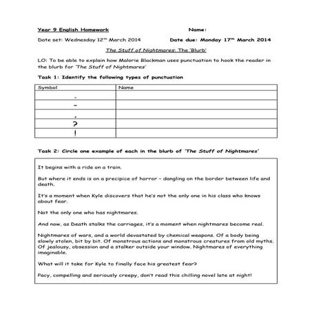 Year 9 english homework (wk3) | DOCX