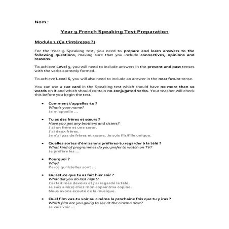 Year 9 french speaking test preparation module 1 | DOC | Education
