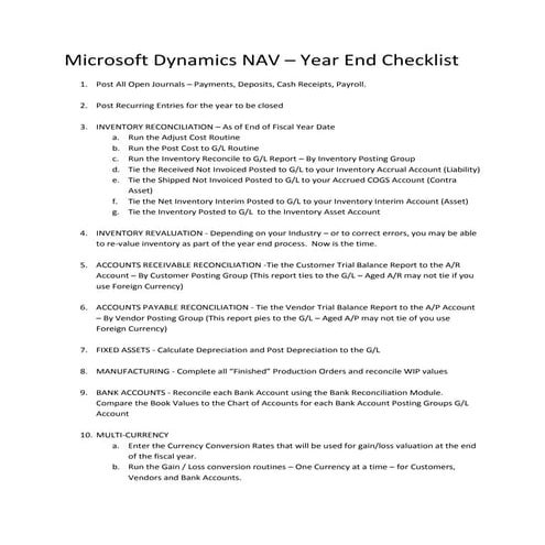 Microsoft Dynamics NAV Year End Closing Checklist | DOCX
