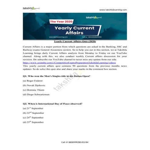 Yearly current affairs quiz (2020) | PDF