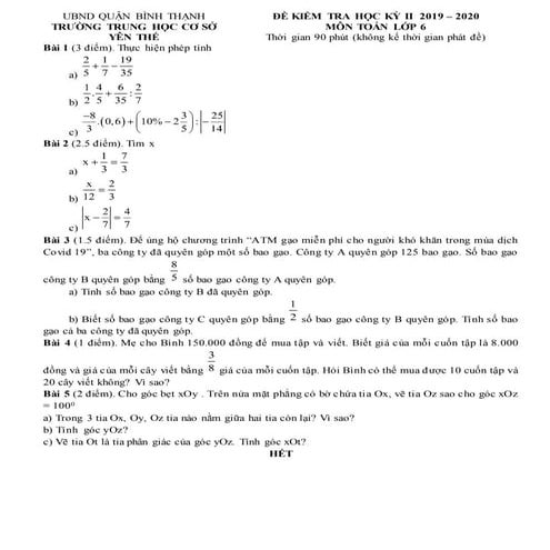 Đề Thi HK2 Toán 6 - THCS Yên Thế | DOC