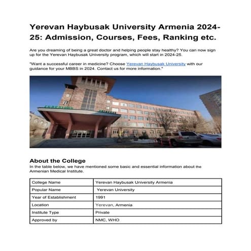 Yerevan Haybusak University Armenia 2024-25: Admission, Courses, Fees ...