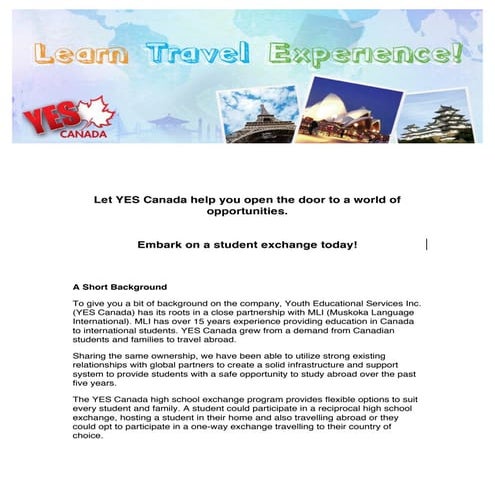 YES Canada Student Exchange Program Information | PDF