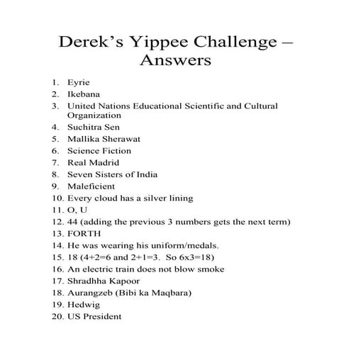 Derek's Yippee Challenge School Prelims - Answers | PDF
