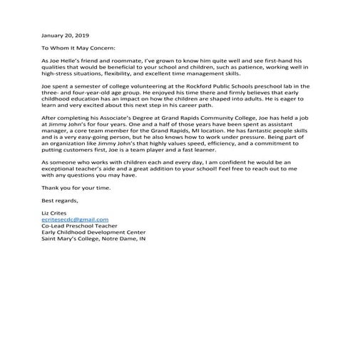 Elizabeth Crites letter of recommendation | PDF