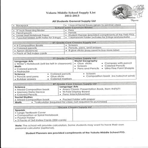 12 - 13 YMS supply list | PDF