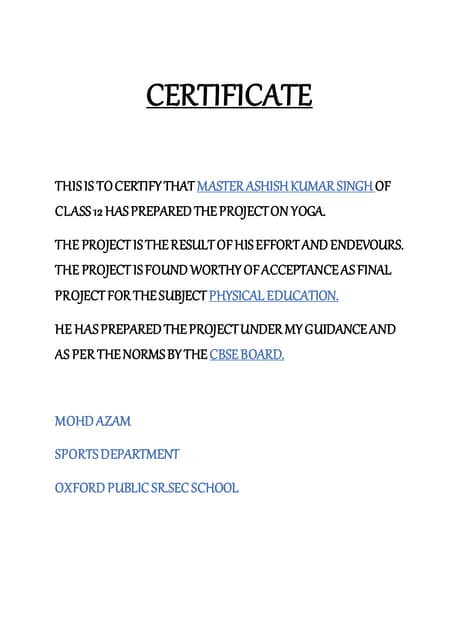 Physical Education Project on Asanas(yoga) Class 11 | PDF