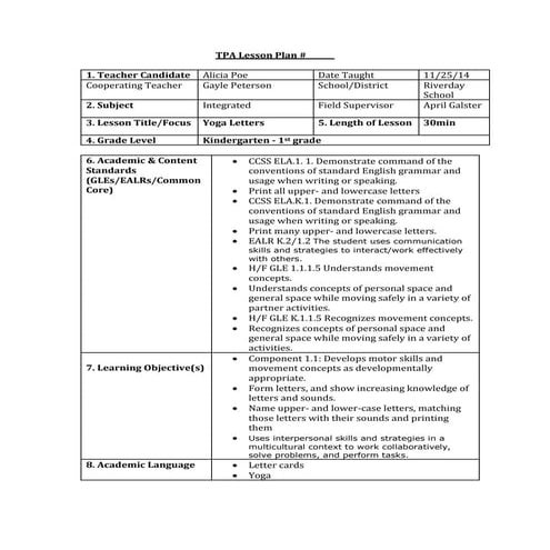 Yoga letter lesson plan tpa and assessment | PDF
