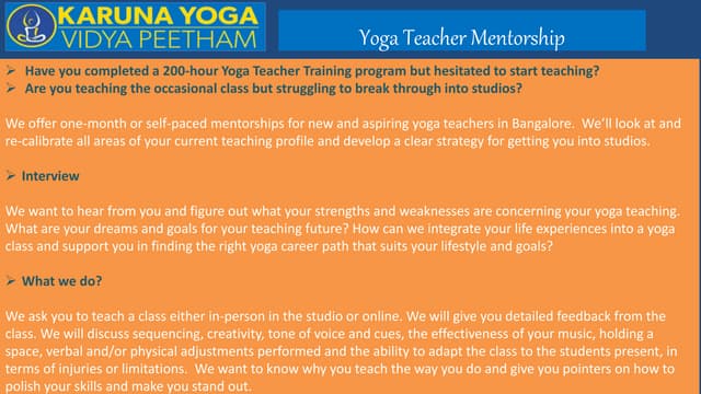 Yoga Teacher Mentorship - Karuna Yoga Vidya Peetham | PPT Yoga Teacher Mentorship - Karuna Yoga Vidya Peetham | PPT