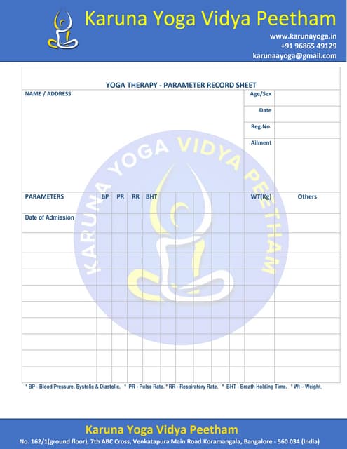 YOGA THERAPY - PARAMETER RECORD SHEET KARUNA YOGA VIDYA PEETHAM | PDF YOGA THERAPY - PARAMETER RECORD SHEET KARUNA YOGA VIDYA PEETHAM | PDF