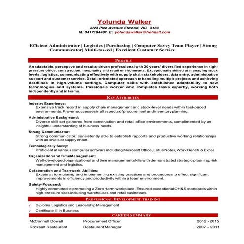 Yolunda walker resume may 2016 | PDF | Logistics | Business