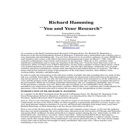 "You and Your Research": Richard W Hamming | PDF