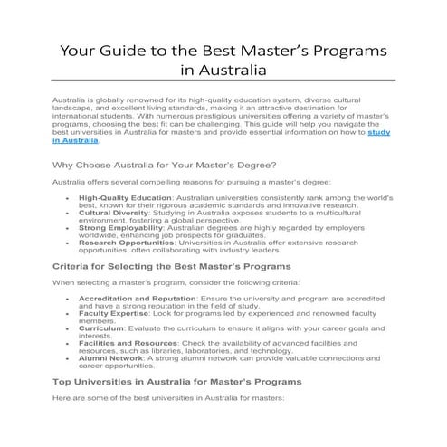 Your Guide to the Best Master’s Programs in Australia | PDF