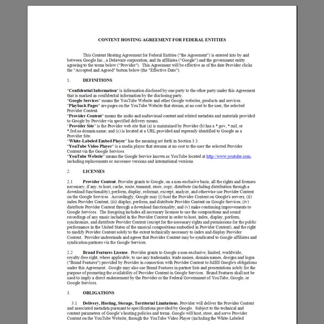 YouTube Content Hosting Agreement for Federal Entities | PDF