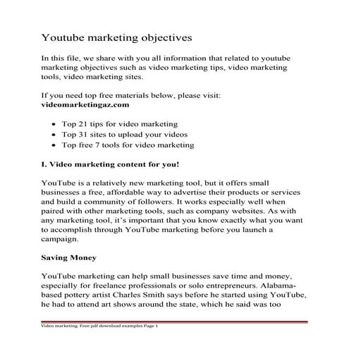 Youtube marketing objectives | DOC | Internet for Beginners | Internet