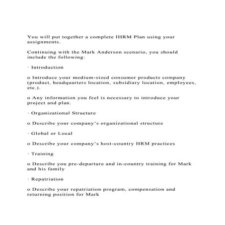 You will put together a complete IHRM Plan using your assignment | PDF