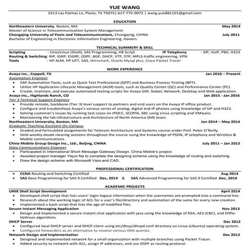 Yue wang resume2016 | PDF