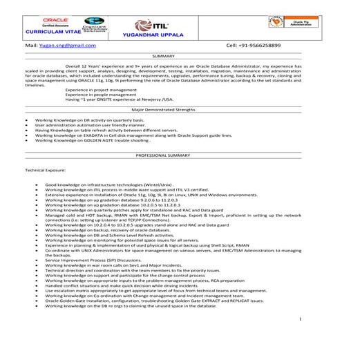 Yugandhar uppala oracle dba_2016 | DOC | Databases | Computer Software and Applications