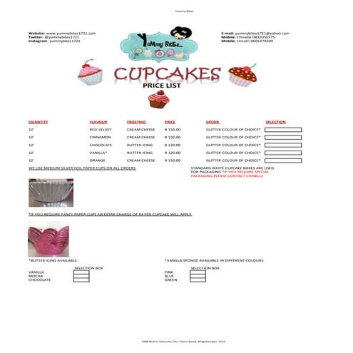 Yummy bites cupcake price list | PDF
