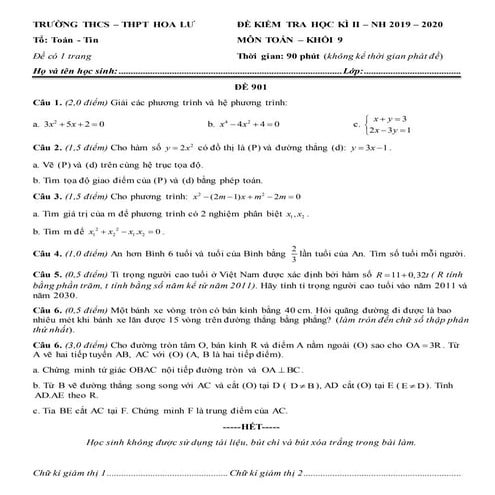 Đề Thi HK2 Toán 9 - THCS THPT Hoa Lư | PDF