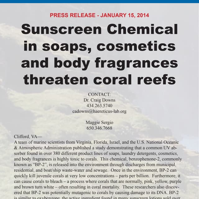 Sunscreen Chemical in Soaps, Cosmetics & Body Fragrances Threaten Coral ...