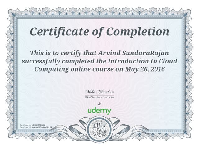 Arvind Sundararajan Cloud Certificate Ppt