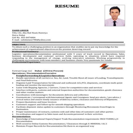 Zahid Ameer Resume | DOCX | Logistics and Transportation Industry ...