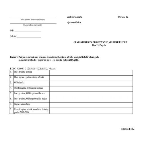 Zahtjev za nabavu besplatnih udžbenika - 2015. | PDF