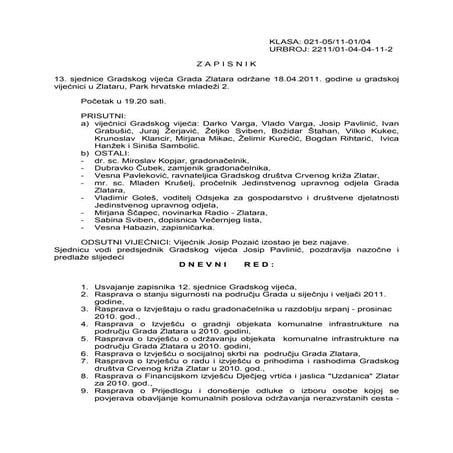 ZAPISNIK 13. sjednice Gradskog vijeća Grada Zlatara | PDF