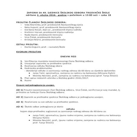 Zapisnik sa 49. sjednice Školskog odbora - 2016. | PDF