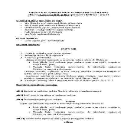Zapisnik sa 62. sjednice - 2016. | PDF