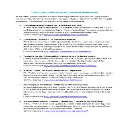 Zco Corporation Reviews and Customer Testimonials | DOCX