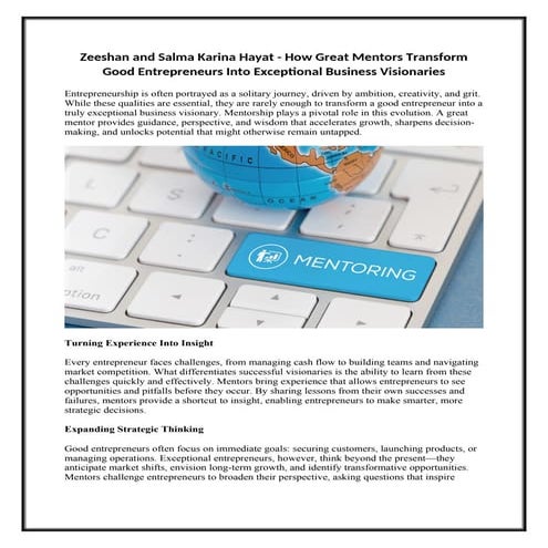 Zeeshan and Salma Karina Hayat - How Great Mentors Transform Good Entrepreneurs Into Exceptional ...