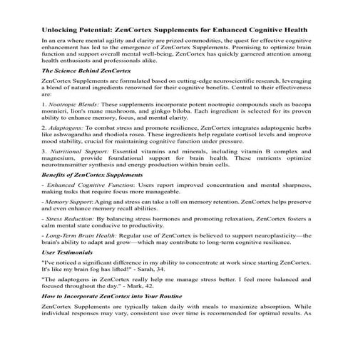 Introduction to brain health ZenCortex Supplements | PDF