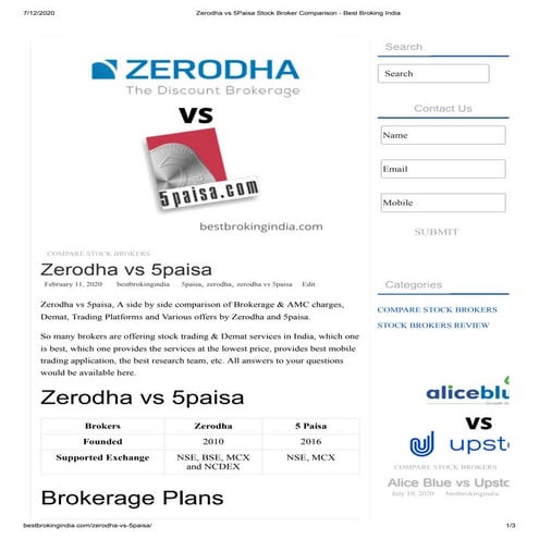 Zerodha vs alice blue stock broker comparison best broking india | PDF