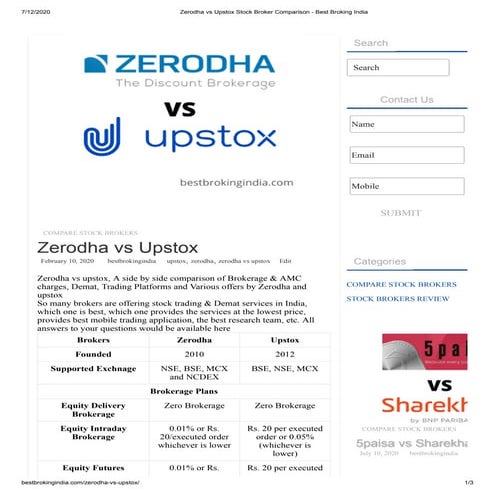 Zerodha vs Upstox Stock Broker Comparison - Best Broking India | PDF
