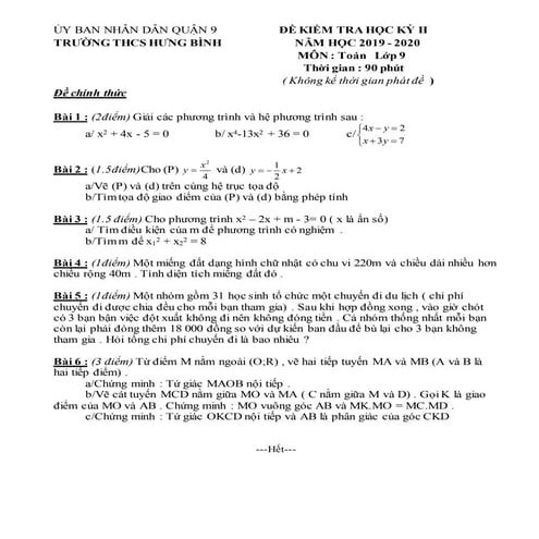 Đề Thi HK2 Toán 9 - THCS Hưng Bình | DOCX