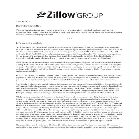 Zillow Group Shareholder Letter 2016 | PDF