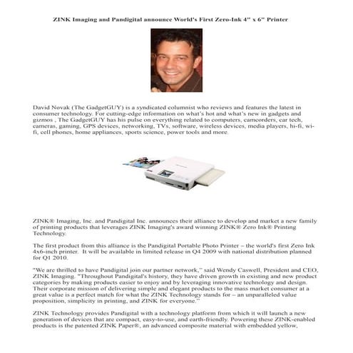 Zink Imaging And Pandigital Announce Worlds First Zero-Ink 4 X 6 ...