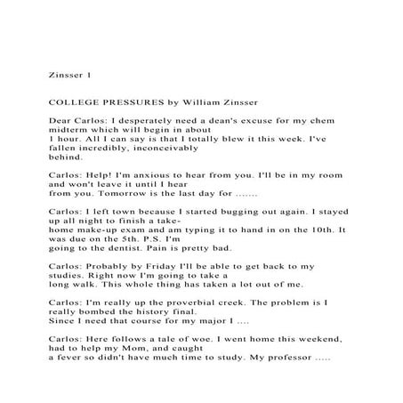 Zinsser 1 COLLEGE PRESSURES by William Zinsser Dear.docx