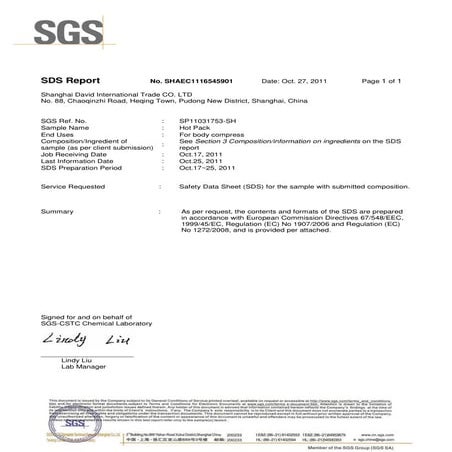 MSDS Test report for Kwikheat hot pack | PDF